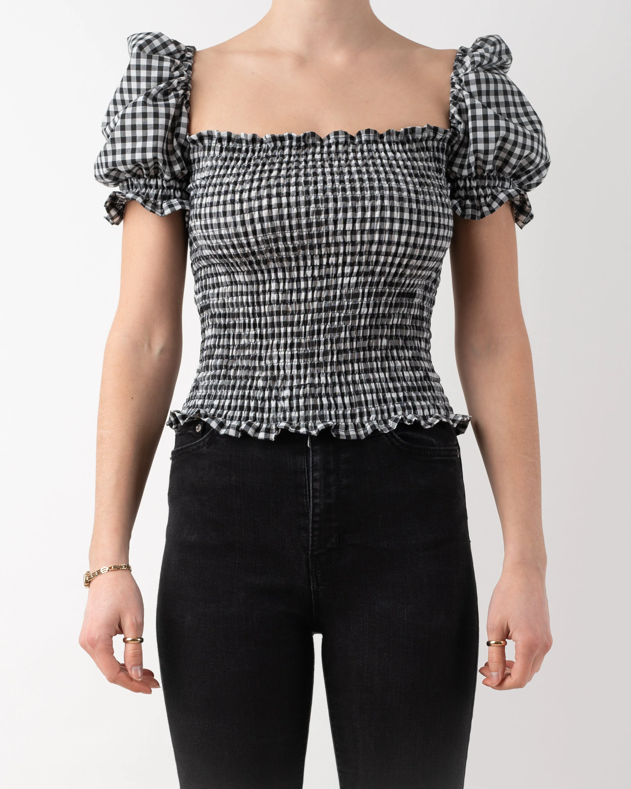 Black And White Gingham Puff Sleeve Shirred Top — Josie And Jean