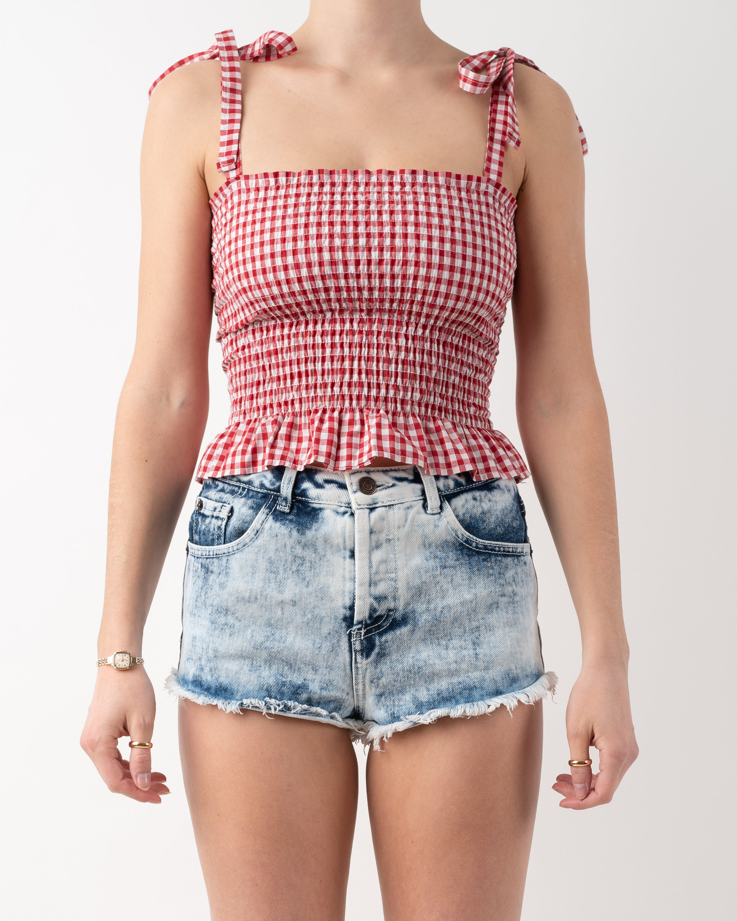 Red And White Gingham Shirred Top With Peplum Hem — Josie And Jean