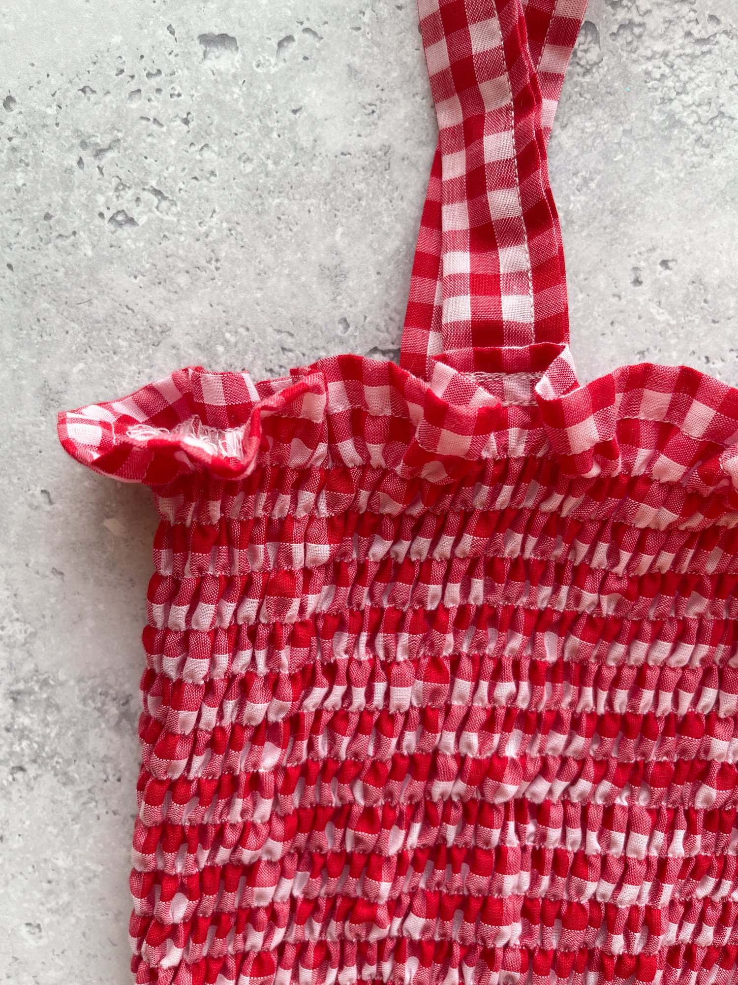Red And White Gingham Shirred Mini Dress With Peplum Hem — Josie And Jean