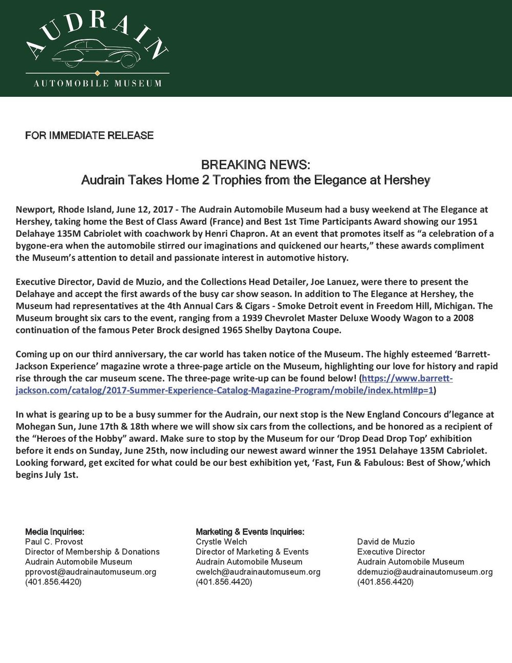 BREAKING NEWS: Audrain Takes Home 2 Trophies from the Elegance at ...