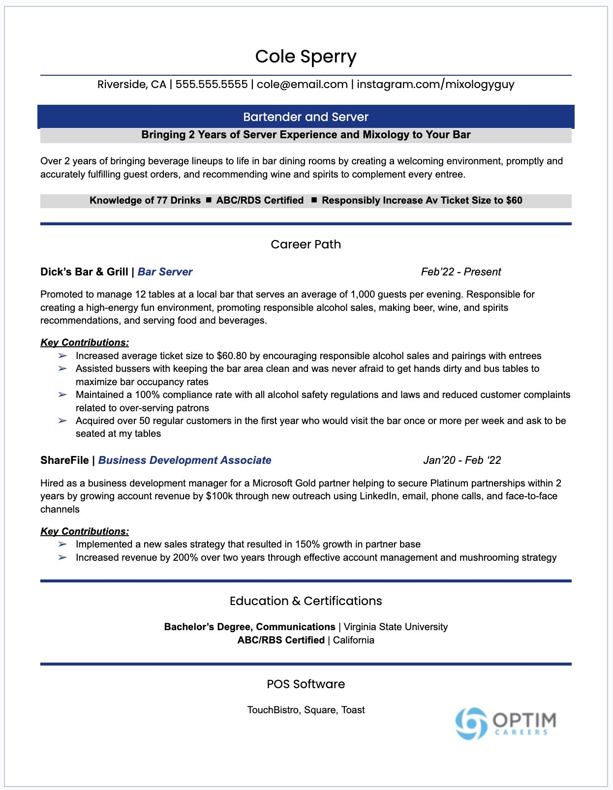 Bartender Resume [How to Write One With Examples] — Optim Careers