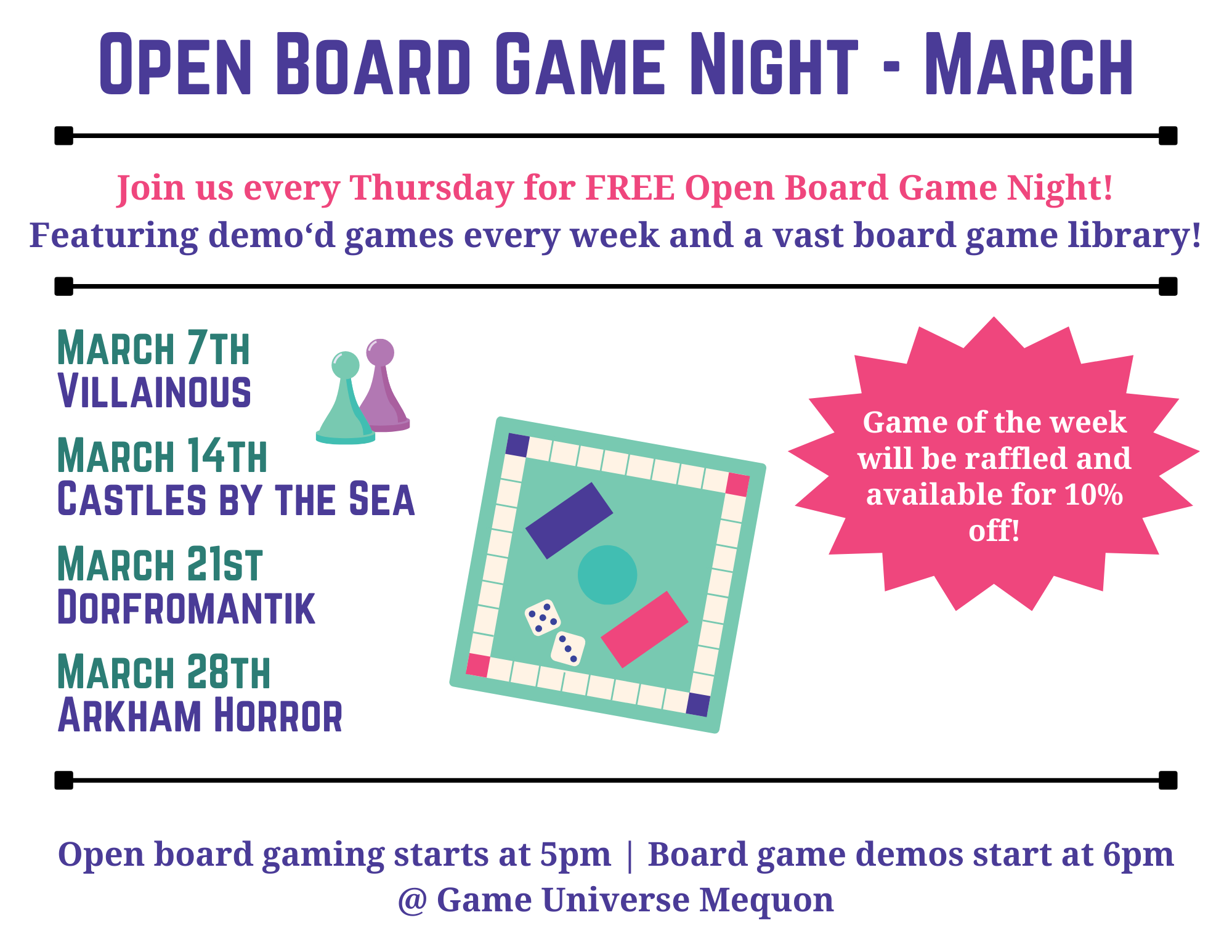 March Lineup - Open Board Game Night @ Mequon — Game Universe