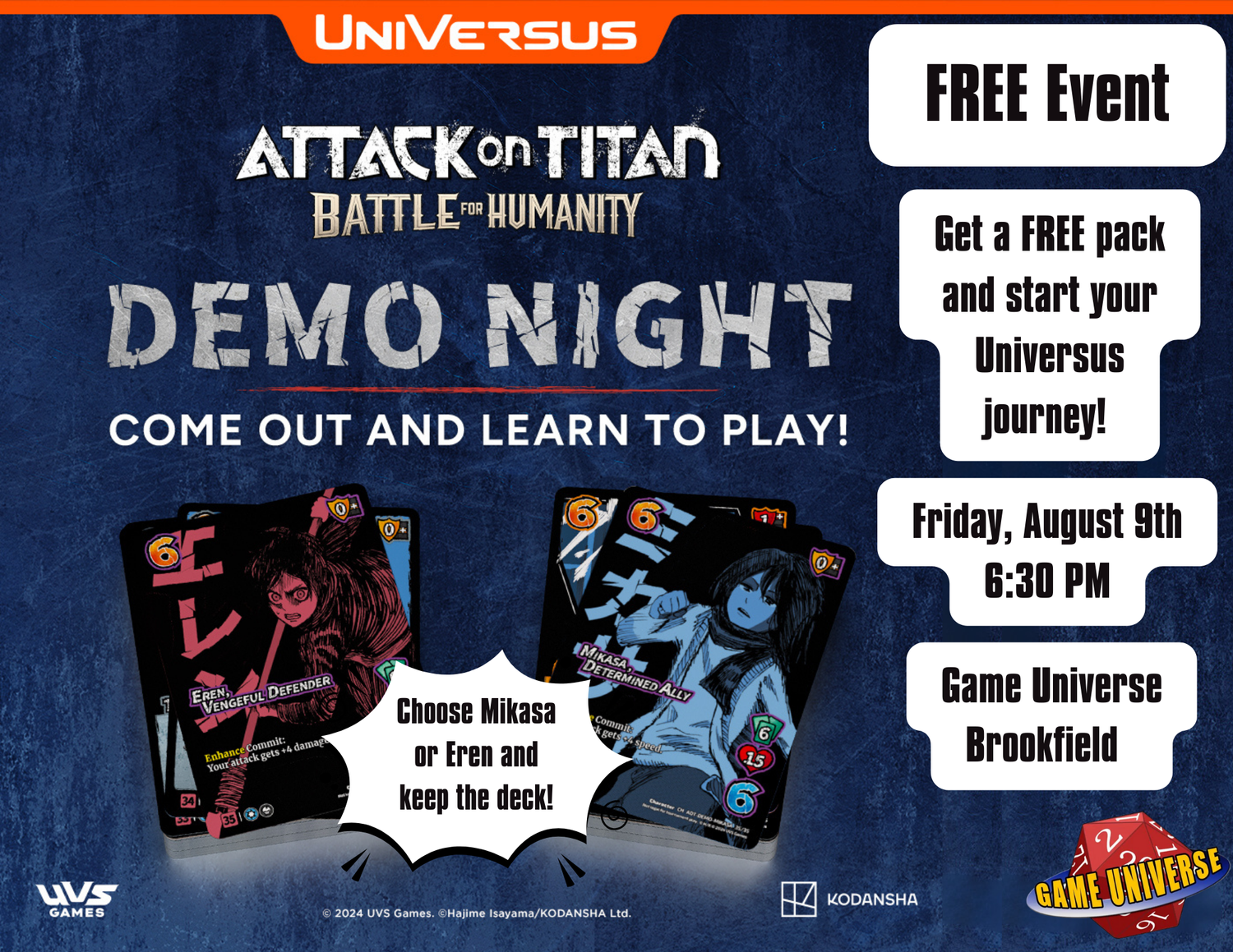 **FREE** Universus: Attack on Titan Demo Night — Game Universe