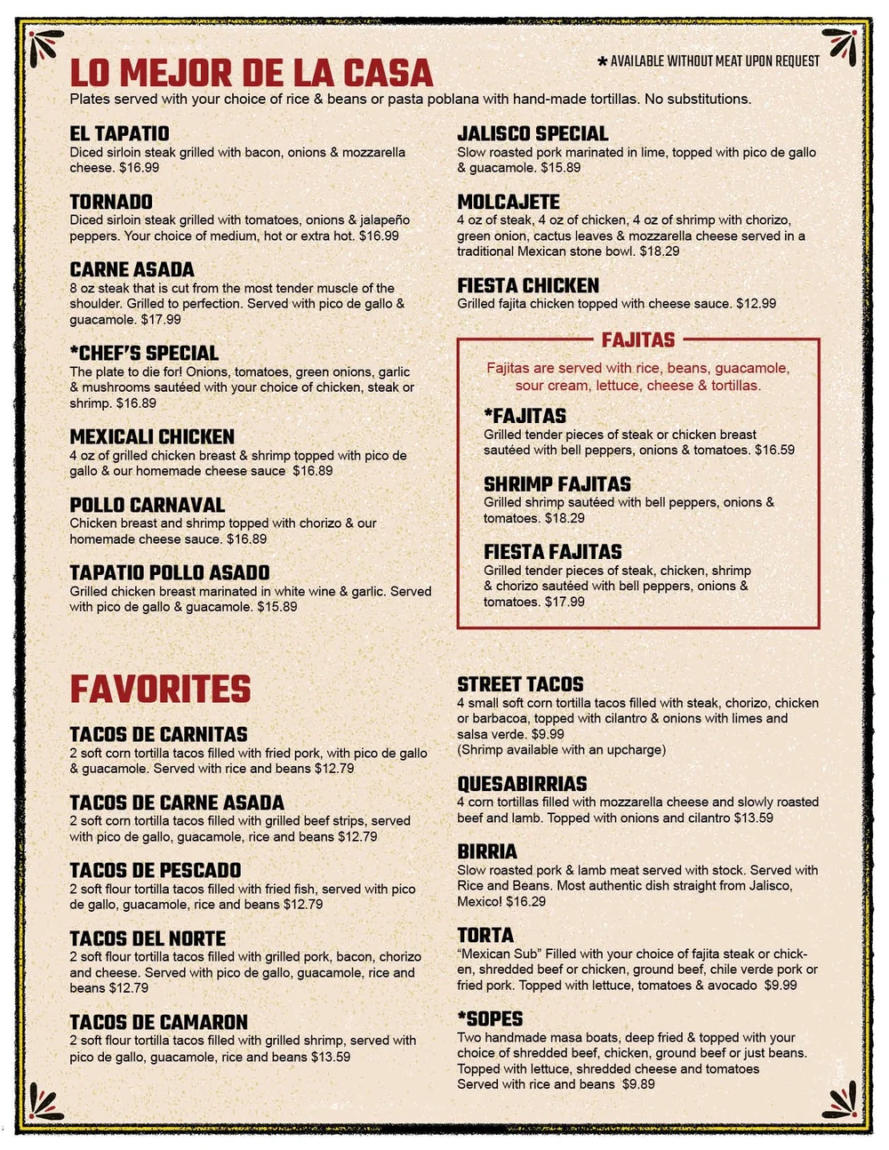 Menu — El Tapatio