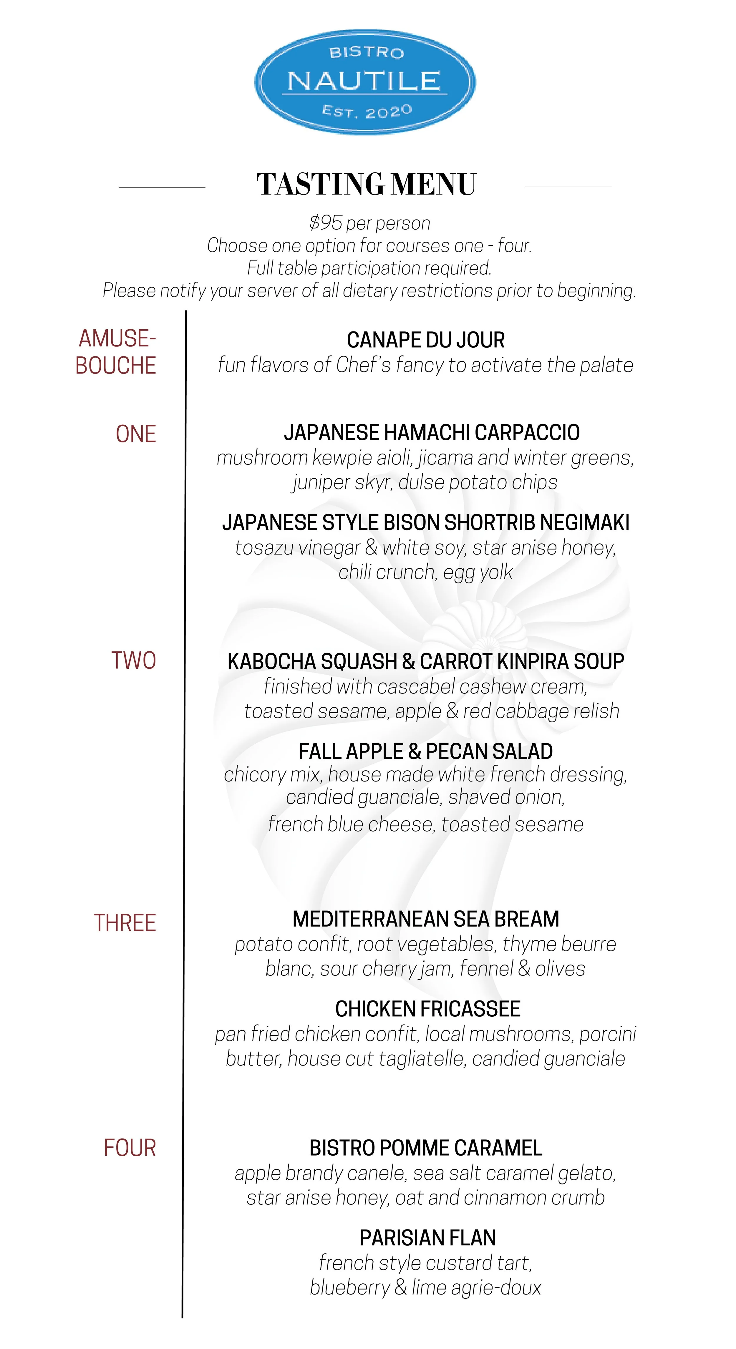 Fall Tasting Menu — Bistro Nautile