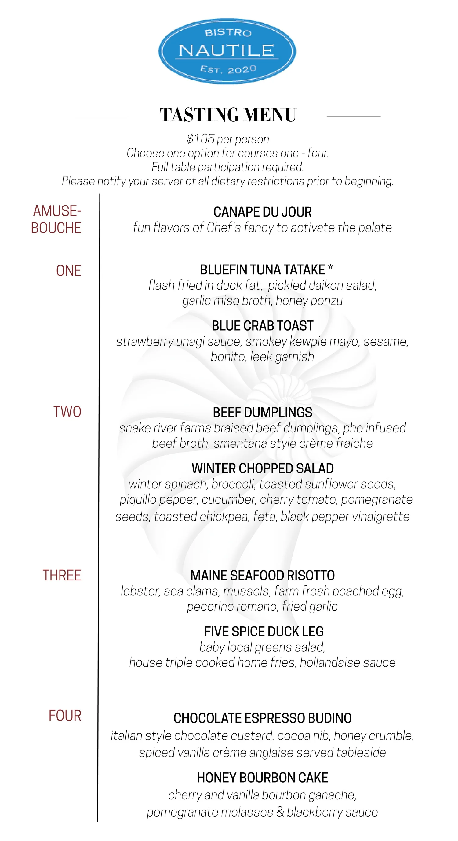 Nautile Tasting Menu — Bistro Nautile
