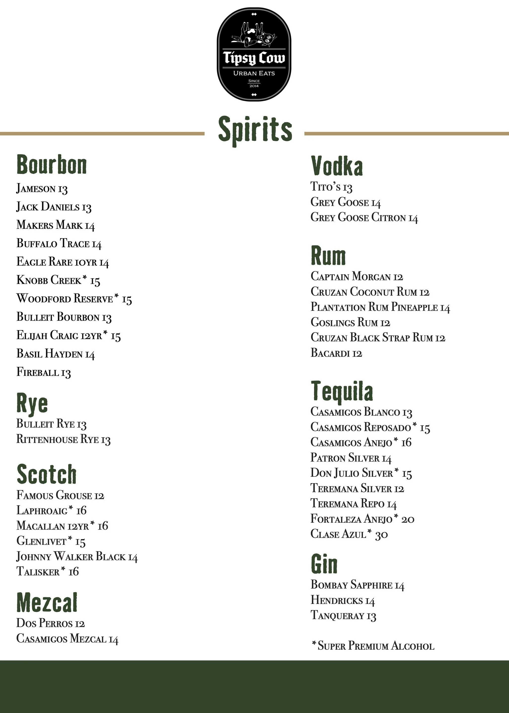 Menu 1 — Tipsy Cow