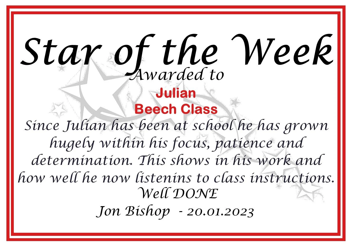 Congratulations Julian — Robert Bakewell Primary School