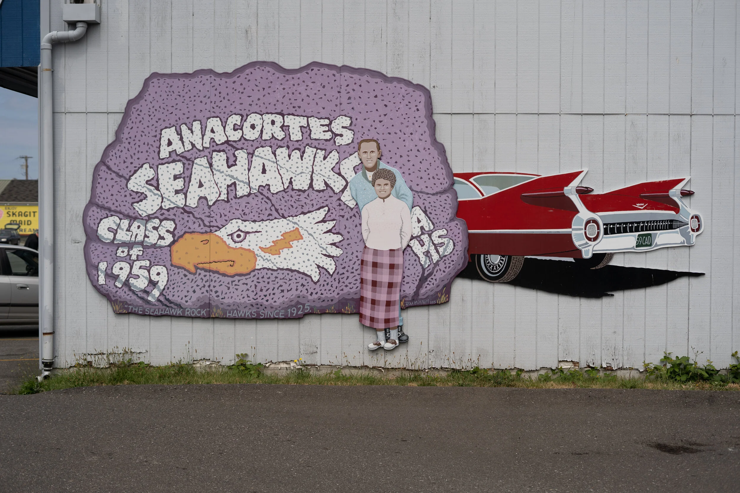 Seahawk Rock with kids and Caddie, 1959. — Bill Mitchell Mural Project