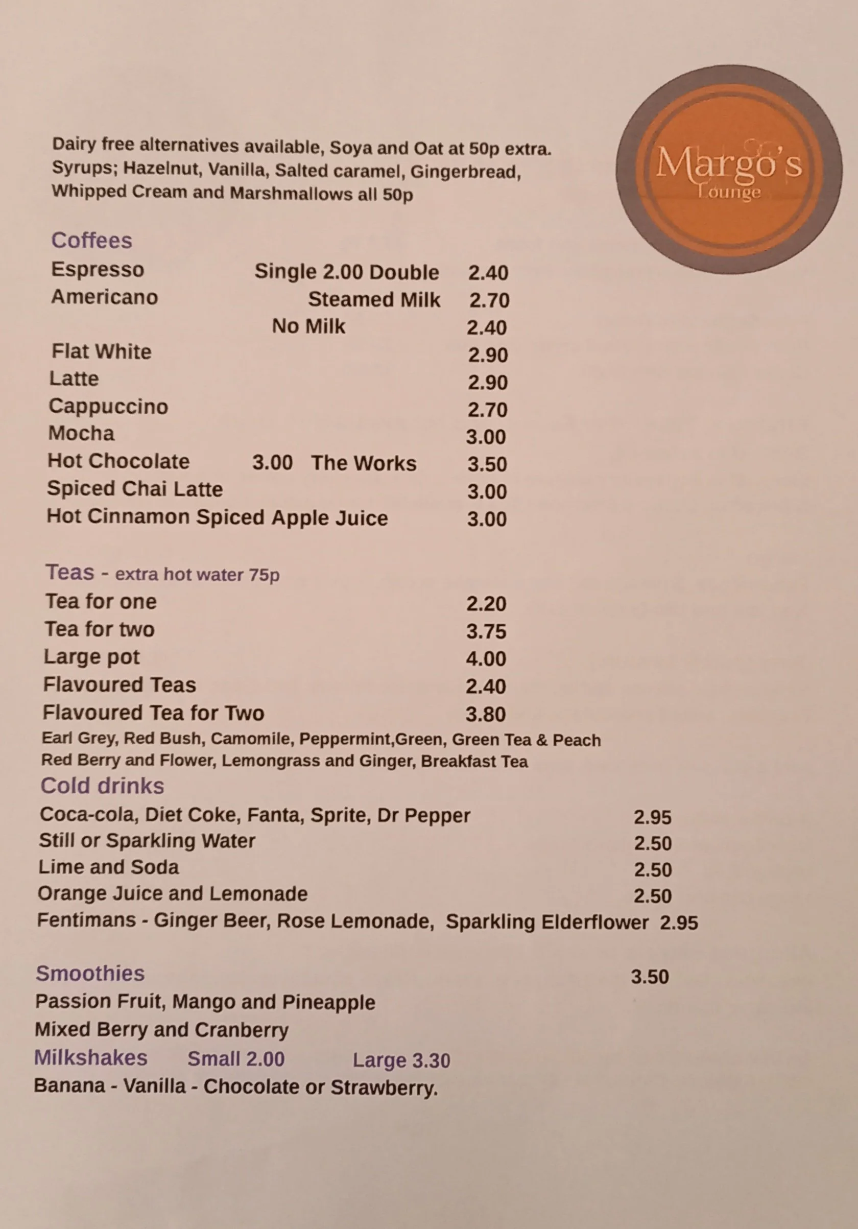 Menus — Margo's Lounge