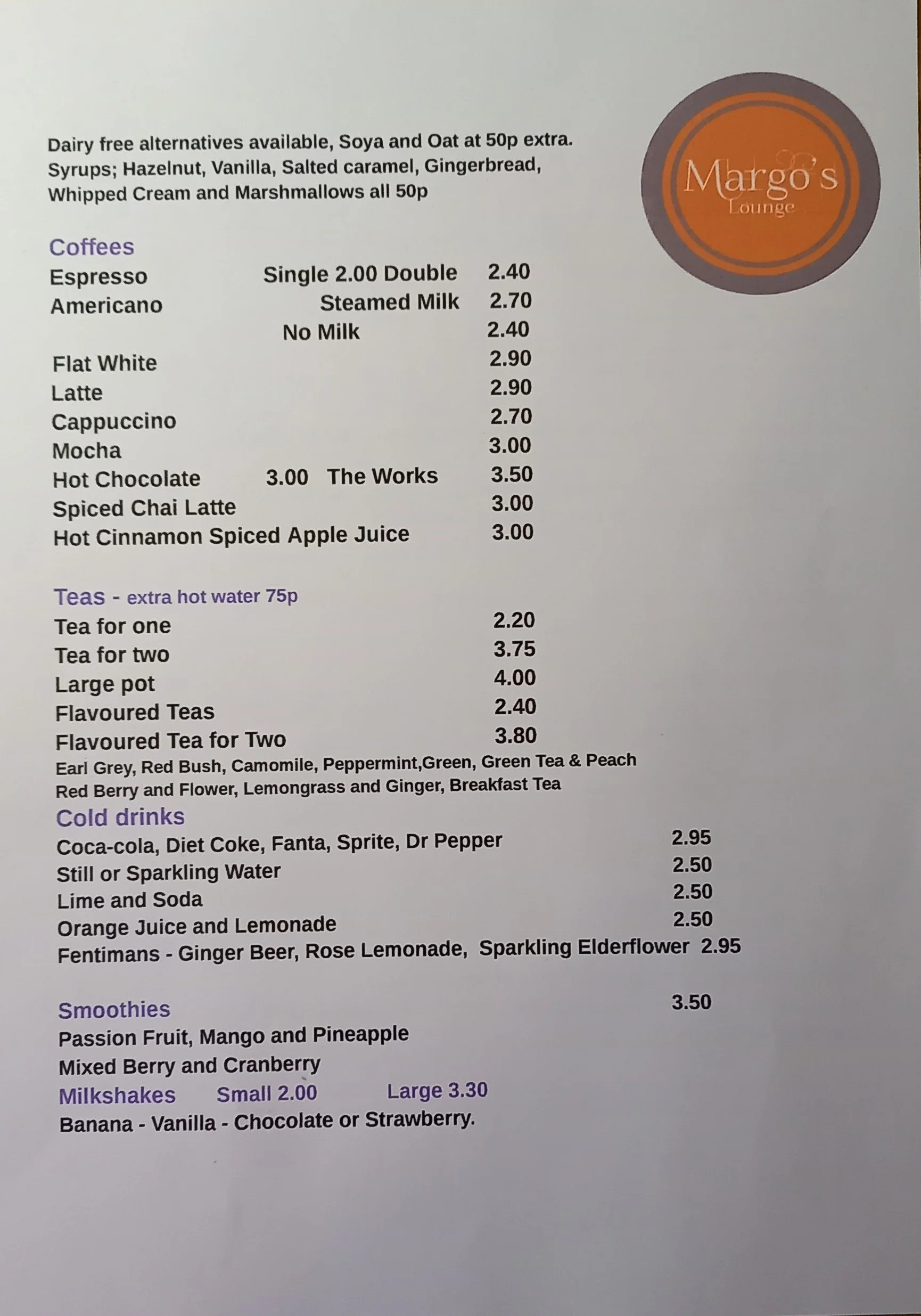 Menus — Margo's Lounge