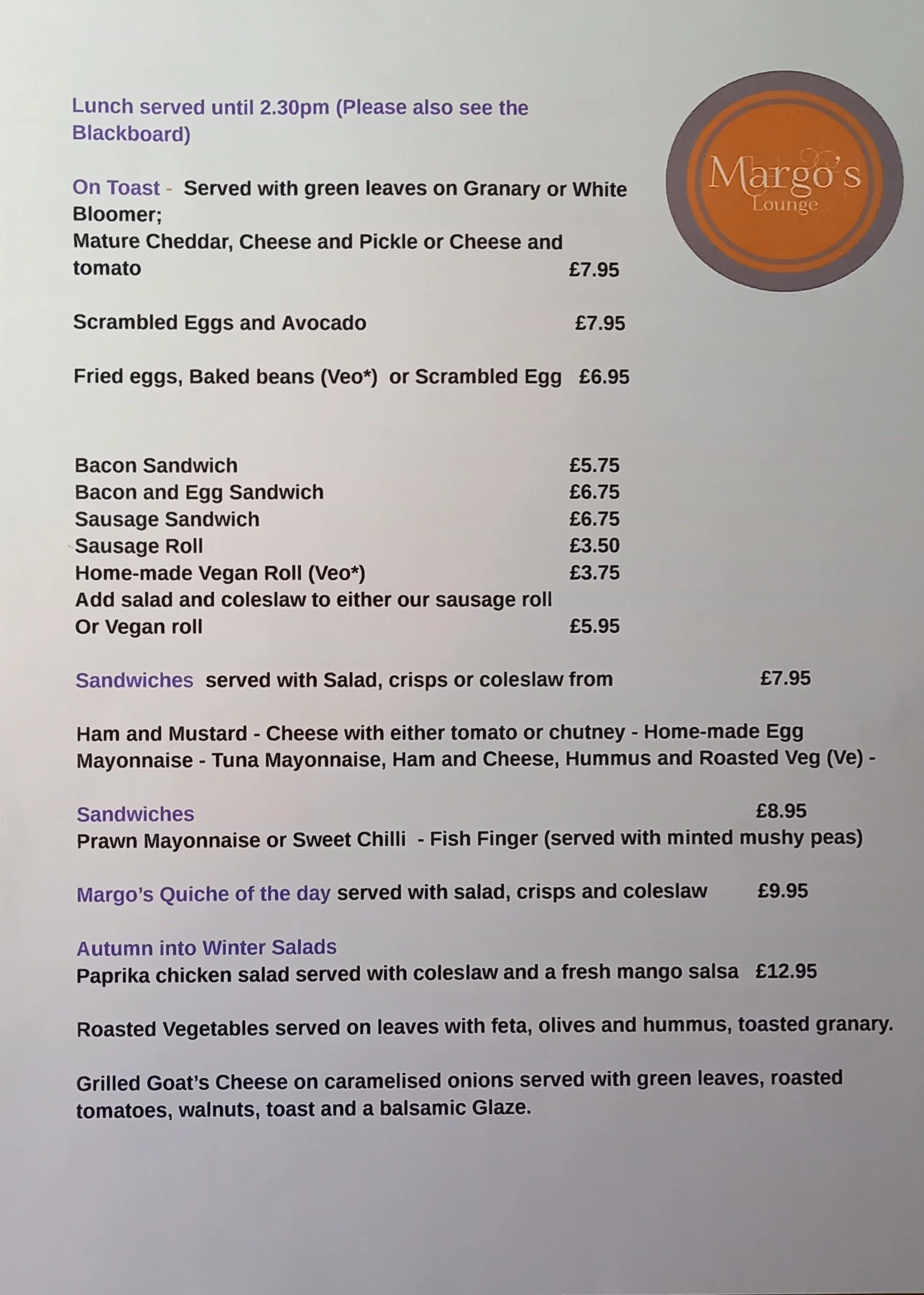 Menus — Margo's Lounge