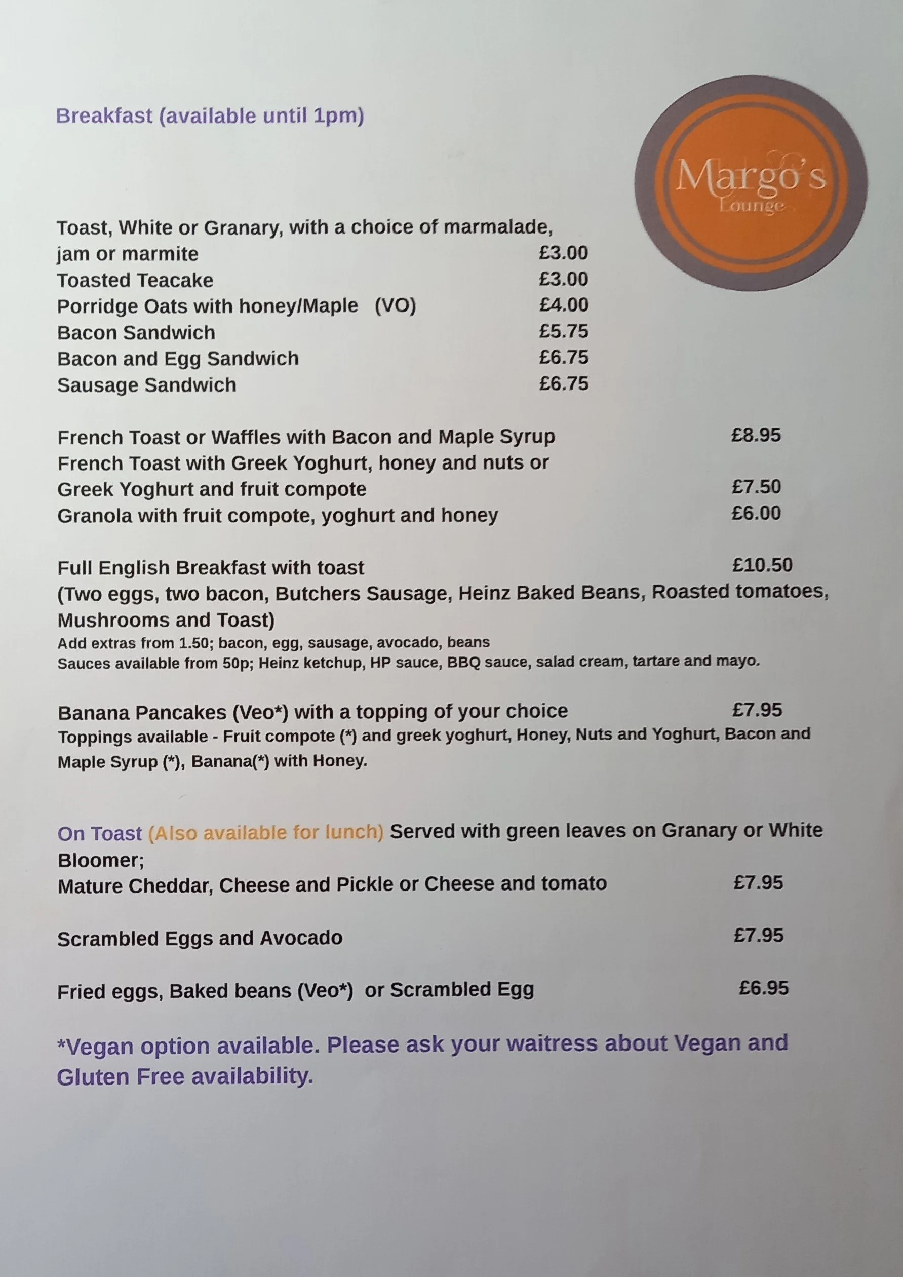 Menus — Margo's Lounge