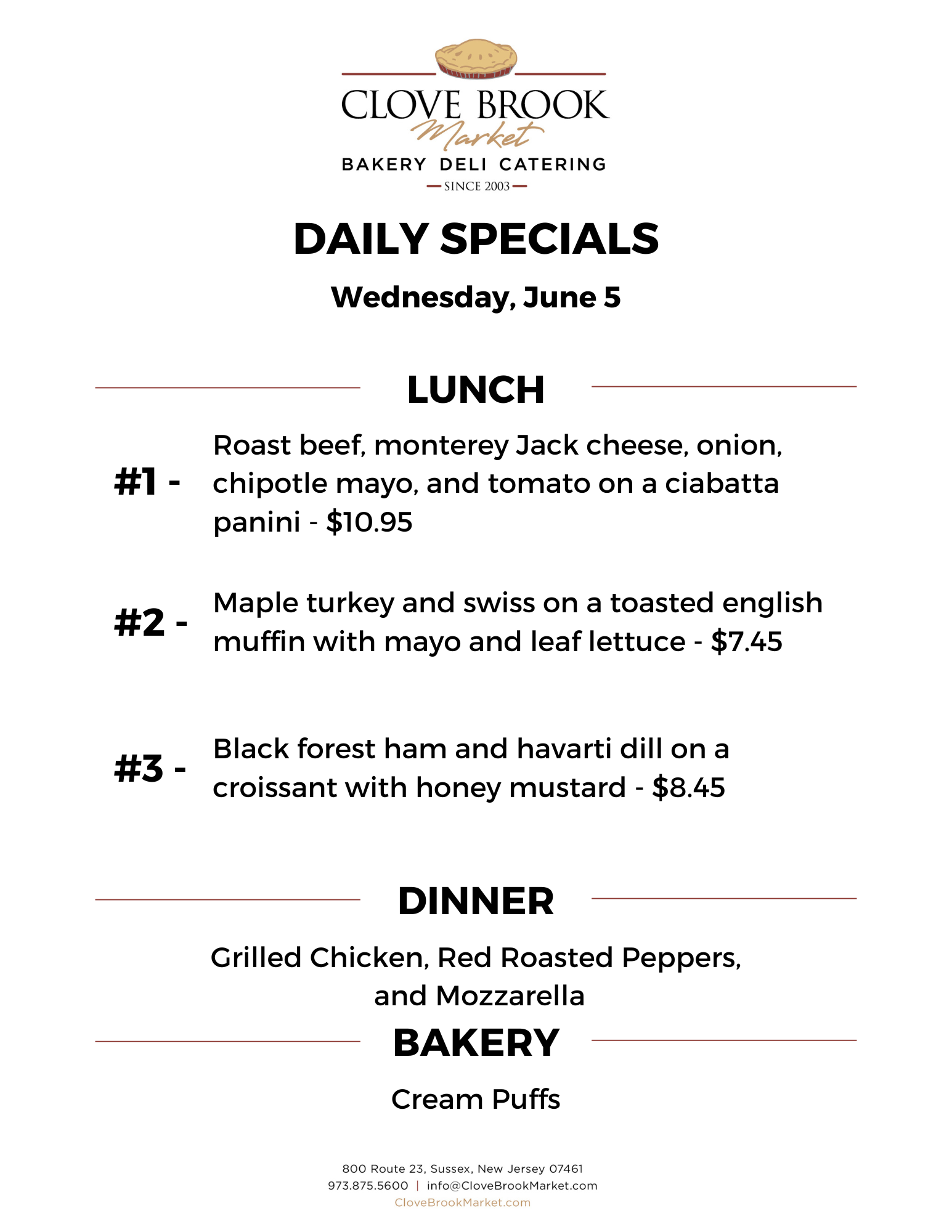 Daily Lunch Specials — Clove Brook Market