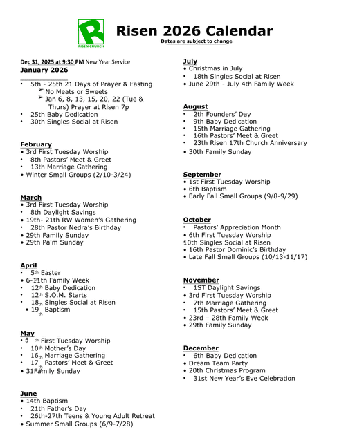 Risen 2026 Calendar — RISEN CHURCH