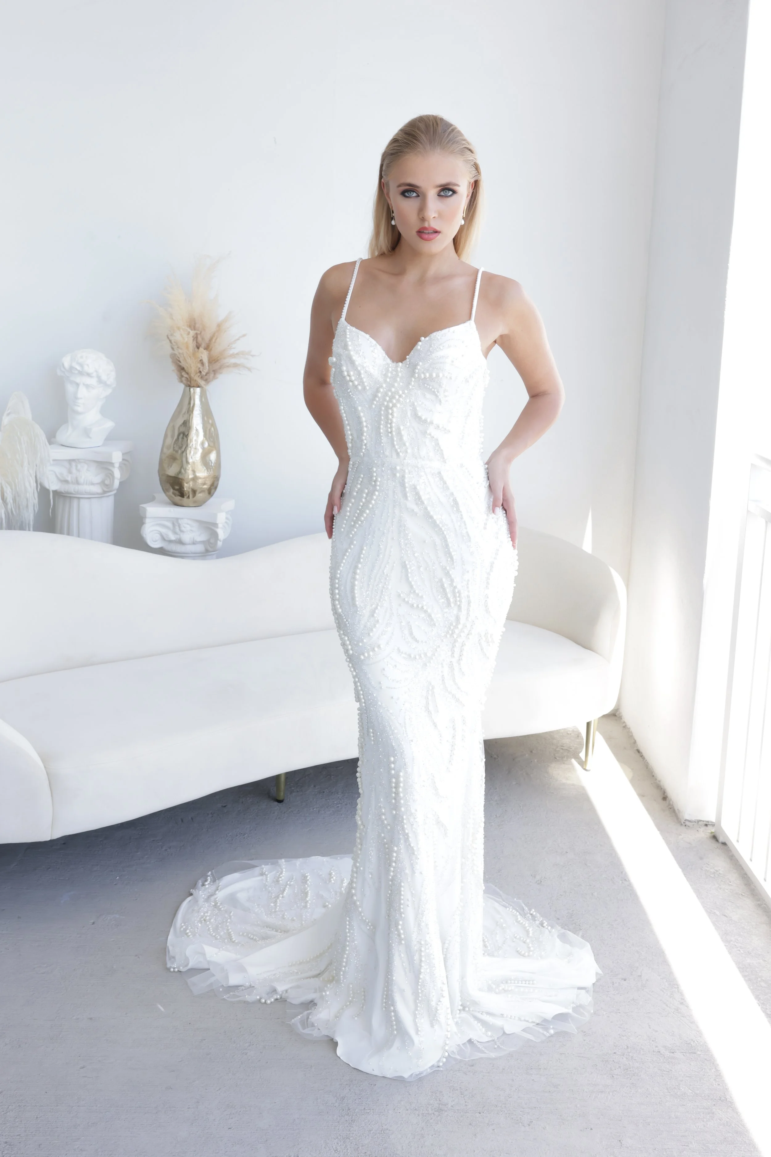 Exquisite Beaded Gown with Pearls and Elegant Train | Perfect for Beach ...