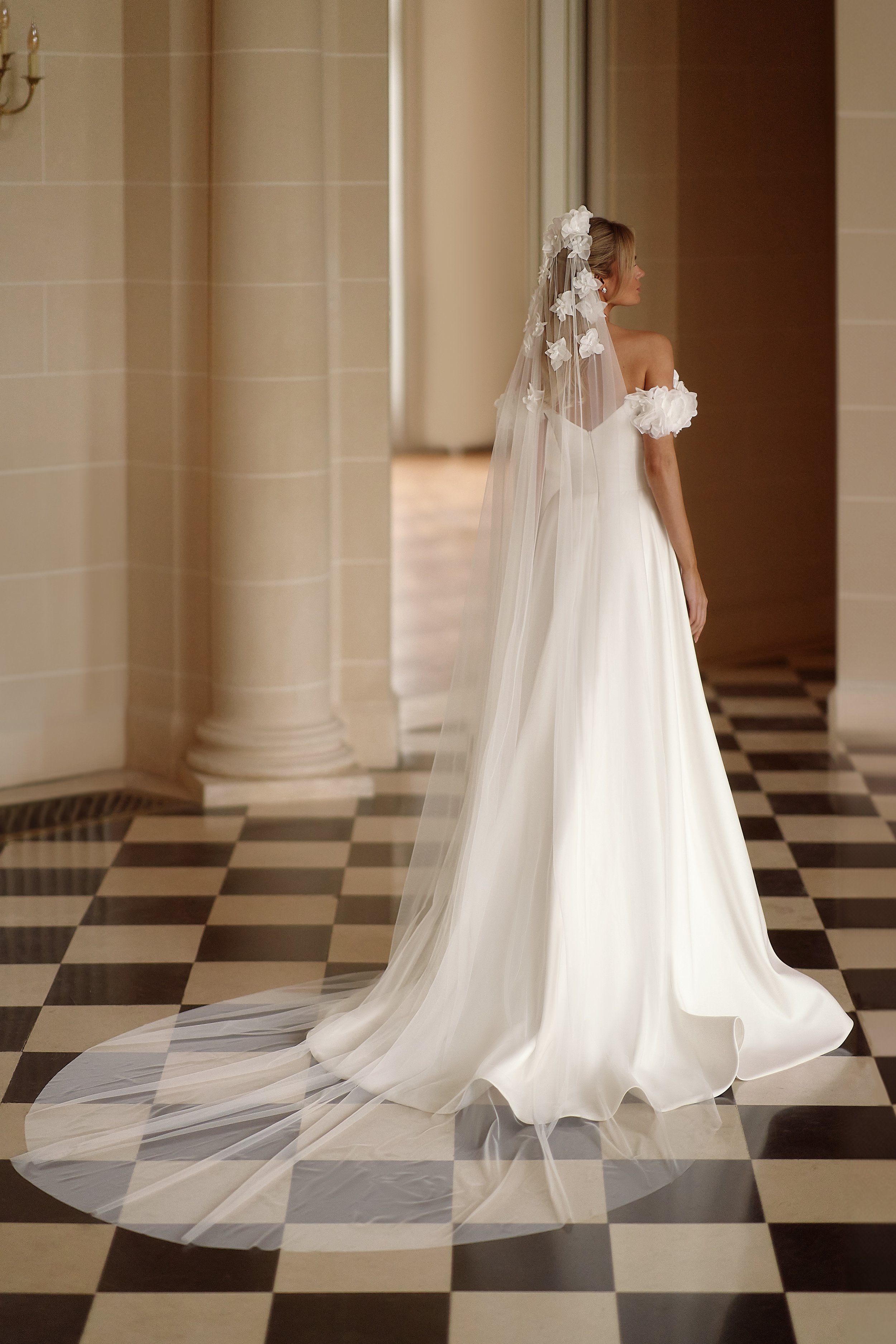 Romantic A-Line Mikado Wedding Dress with Off-Shoulder Flower Details ...