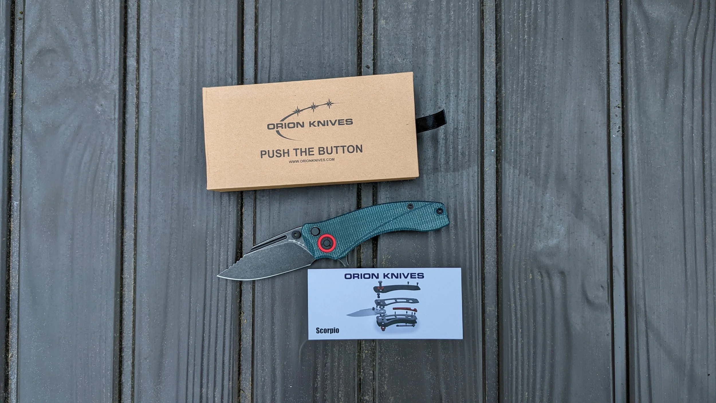Scorpio Stonewashed/ Blue Micarta/ Red Accents — Orion Knives