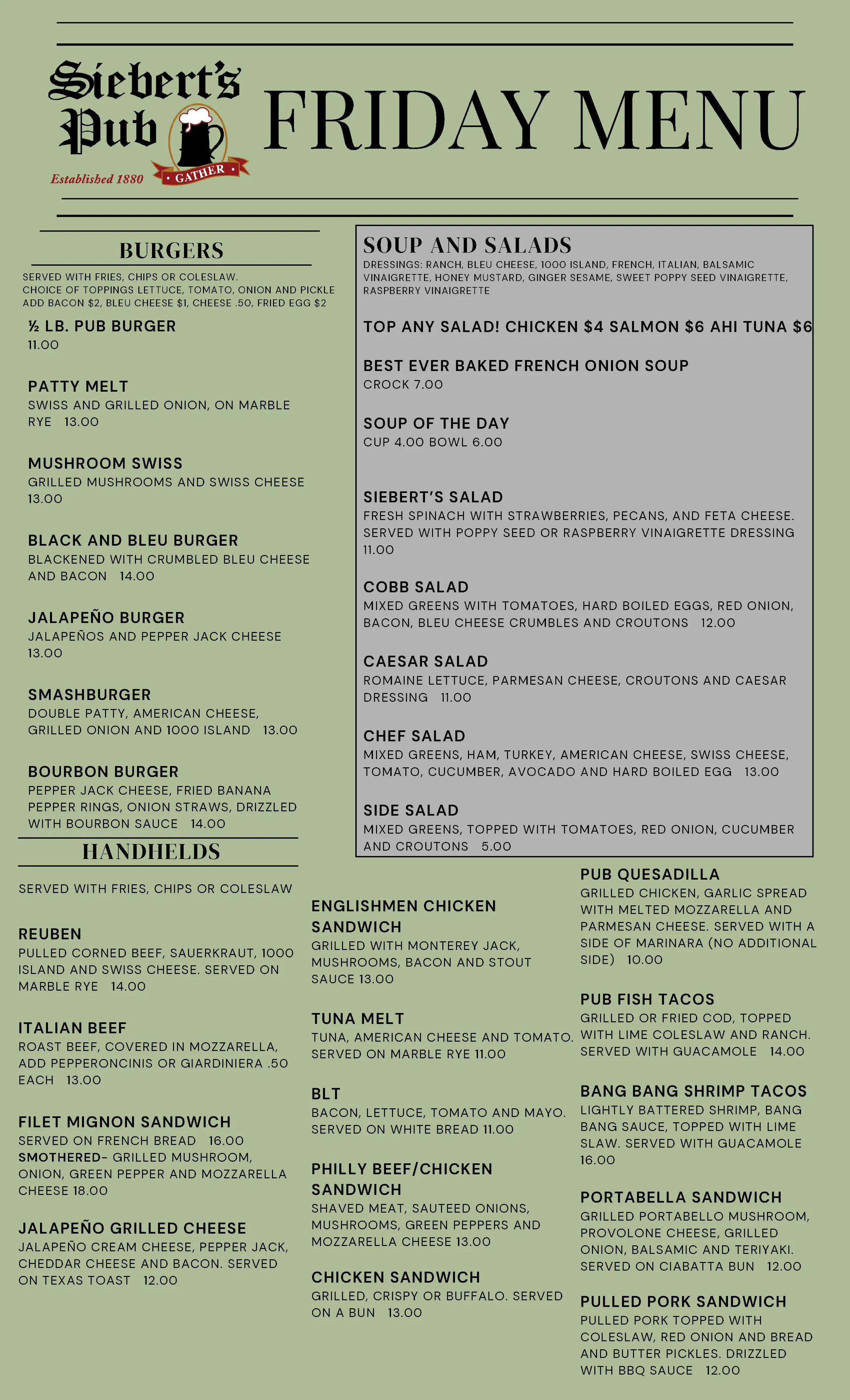 Menu — Siebert's Pub of Salem