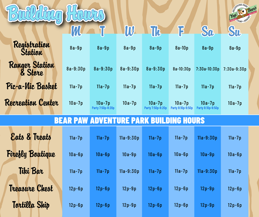 Activity Schedule & Hours — Jellystone Park™ Camp-Resort in Caledonia