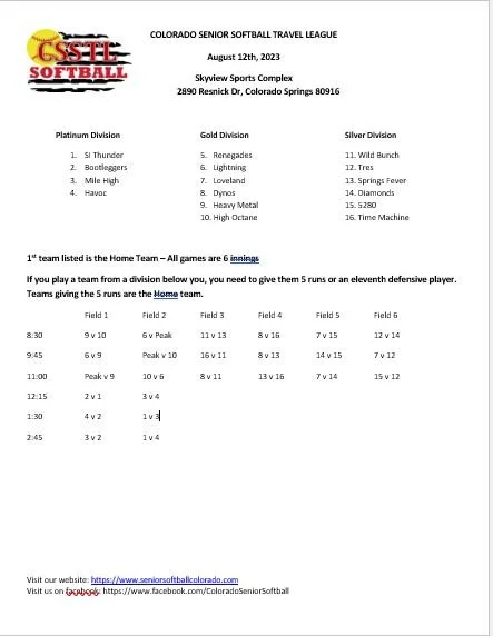 Schedule — Colorado Senior Softball Travel League CSSTL
