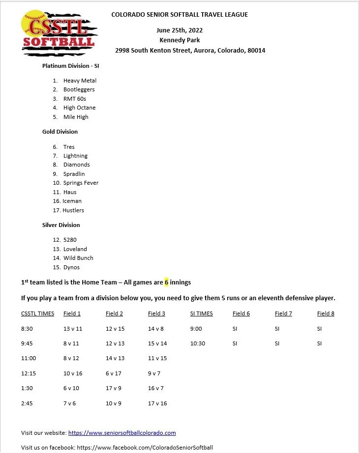 Schedule — Colorado Senior Softball Travel League CSSTL