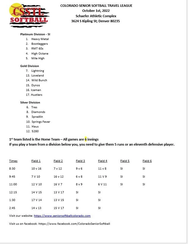 Schedule — Colorado Senior Softball Travel League CSSTL