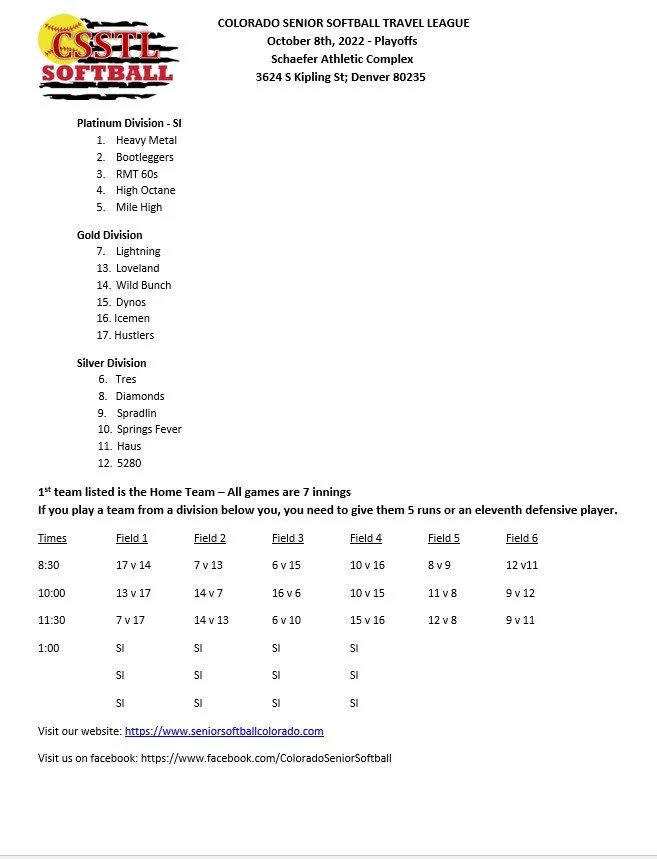 Schedule — Colorado Senior Softball Travel League CSSTL