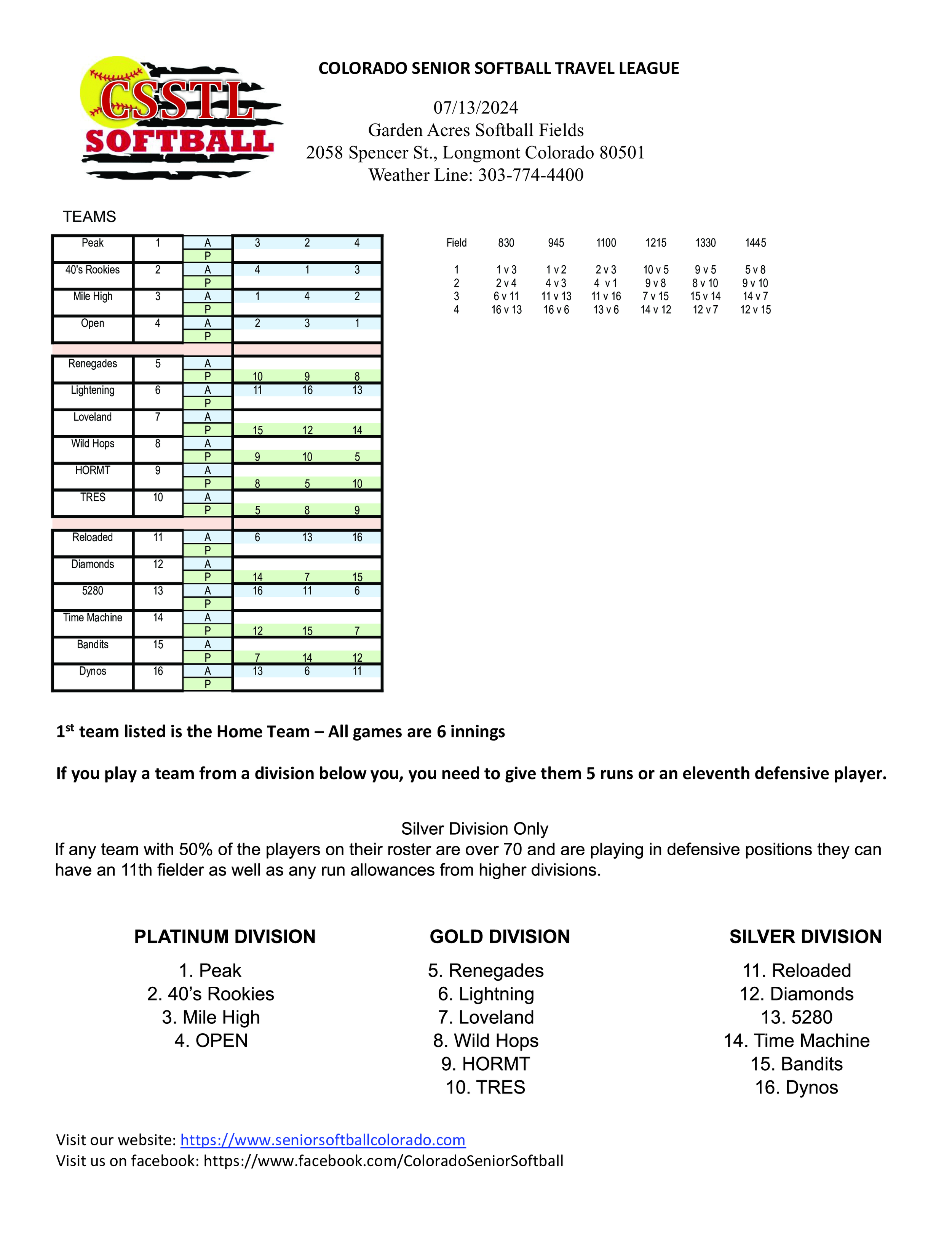 Schedule — Colorado Senior Softball Travel League CSSTL