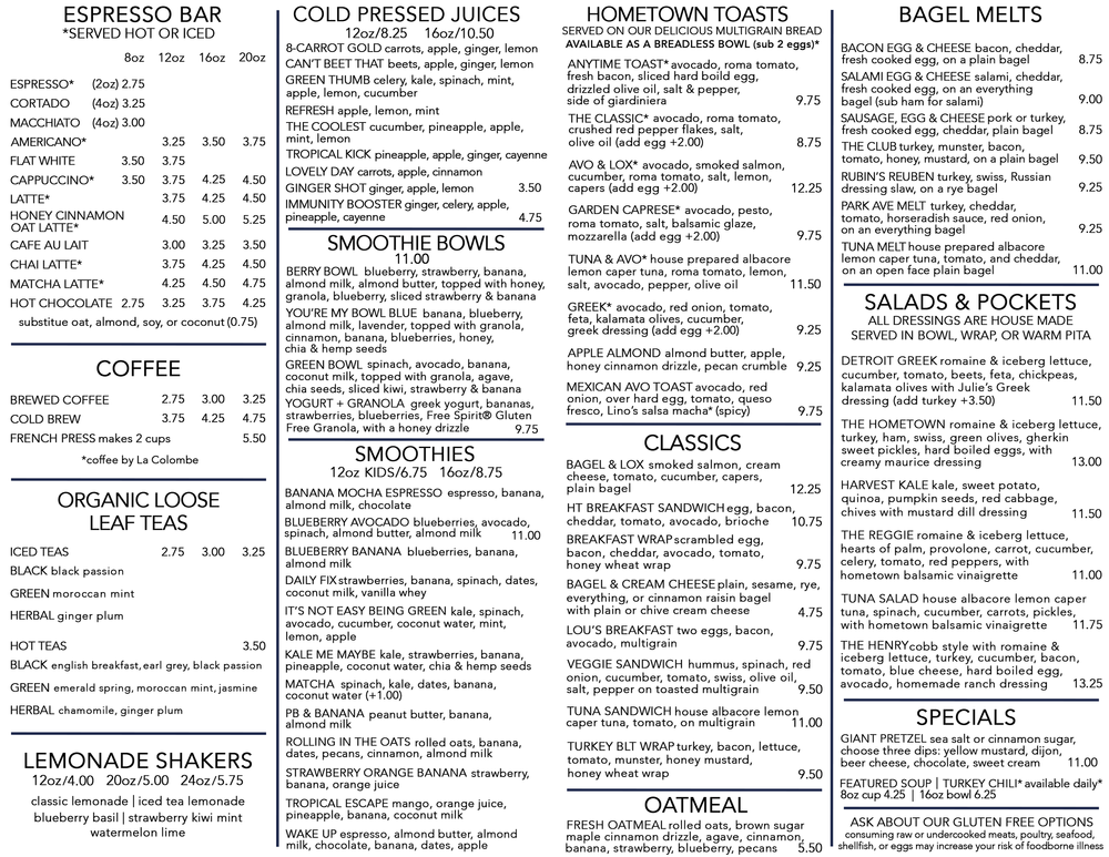 Hometown Menu — Hometown Coffee & Juice