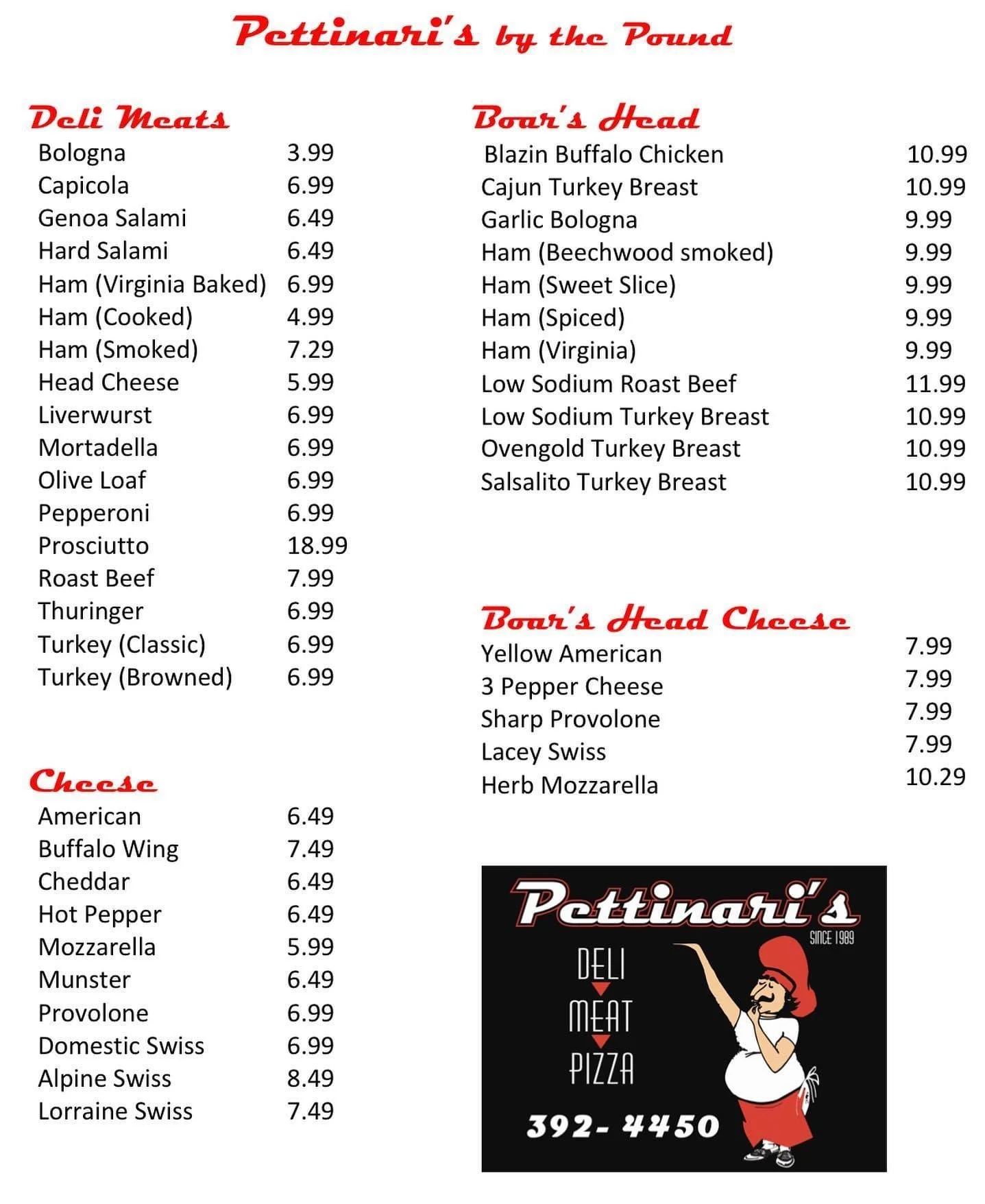 Deli Menu — Pettinari's