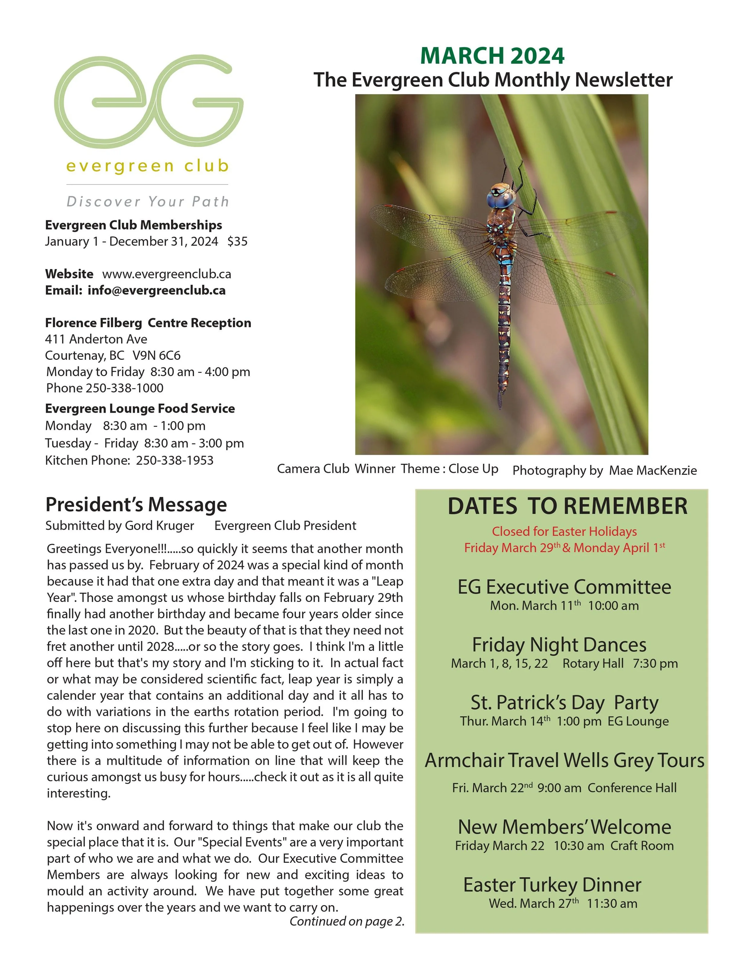 NEWSLETTER — Evergreen Club