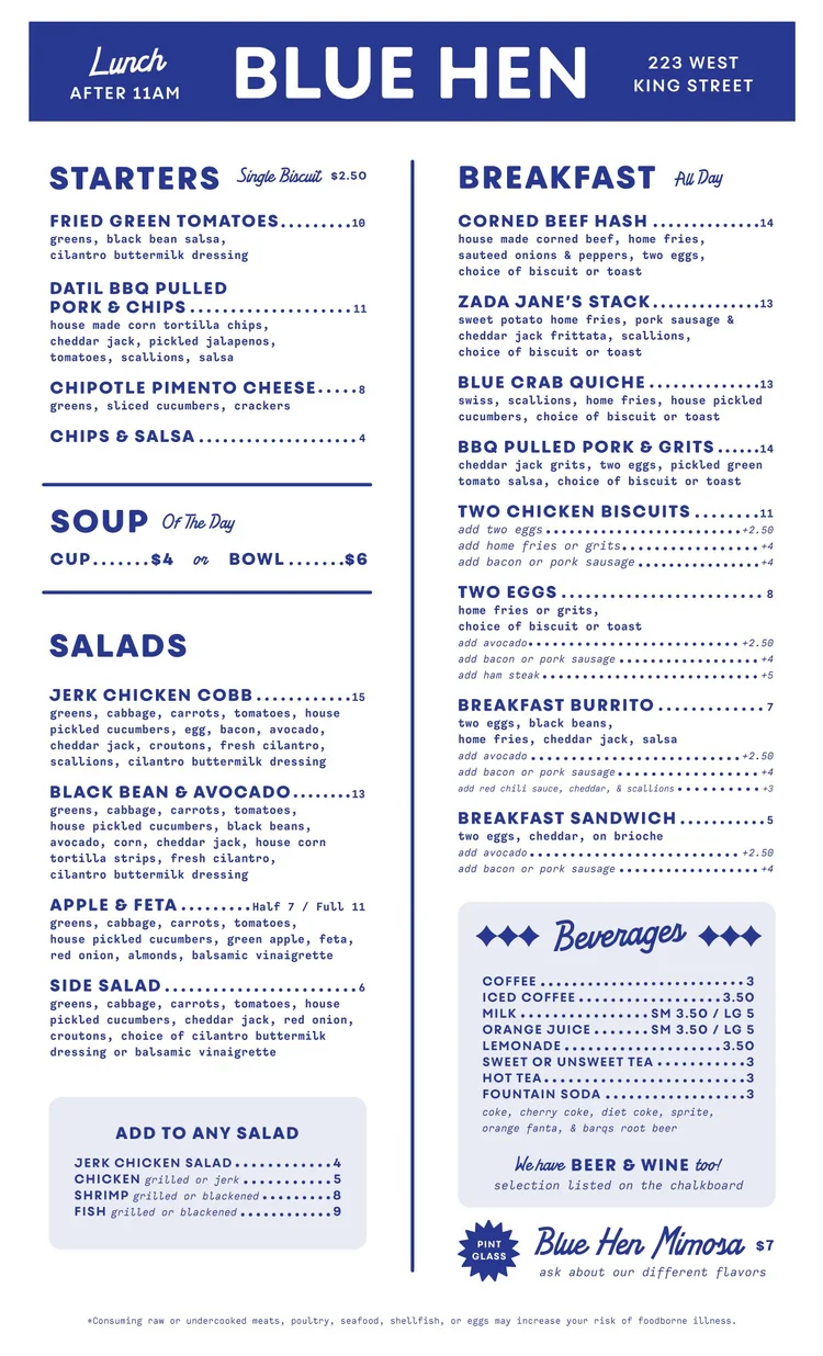MENU — Blue Hen