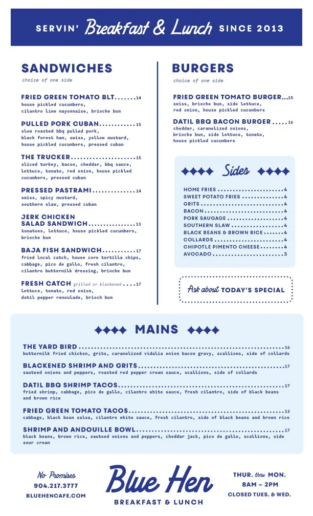 MENU | Discover delicious meals — Visit today! — Blue Hen