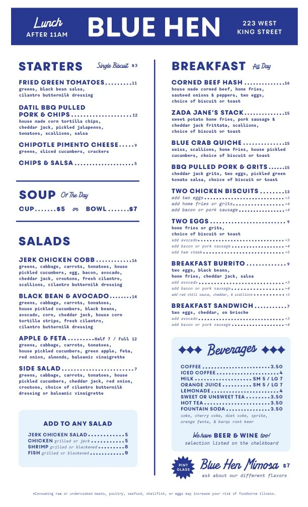 MENU | Discover delicious meals — Visit today! — Blue Hen