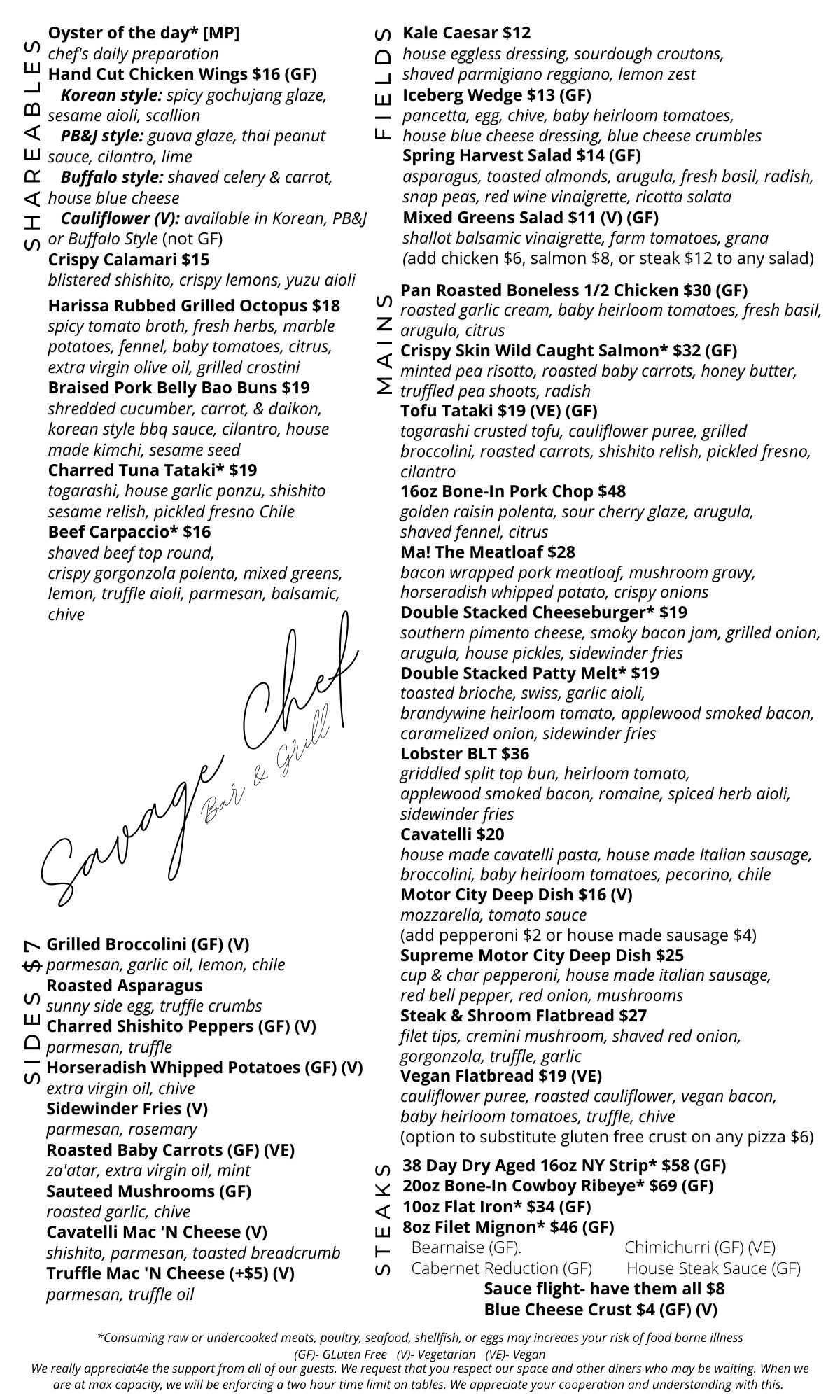 steaks; seafood; pizza; burgers; pasta; appetizers — Savage Chef