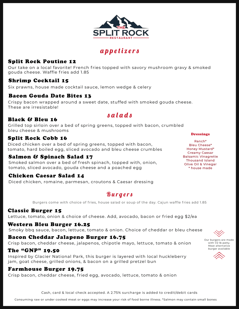 Menu — Split Rock Restaurant & Bar