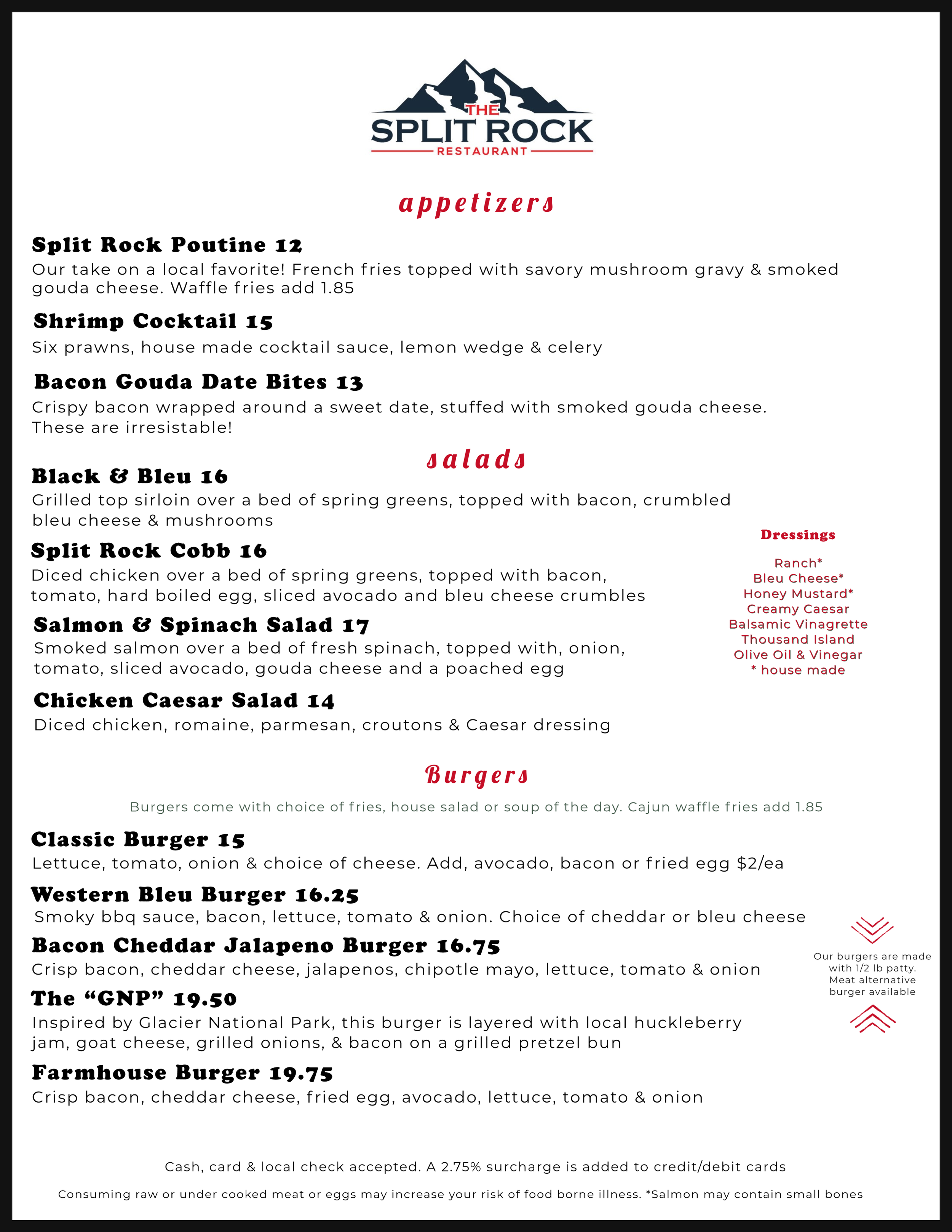 Menu — Split Rock Restaurant & Bar