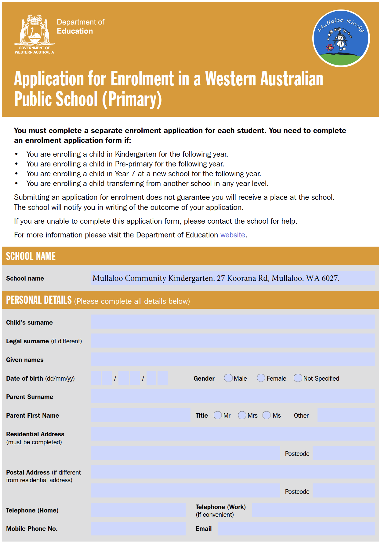 Download Kindy Enrolment Form — Mullaloo Community Kindergarten