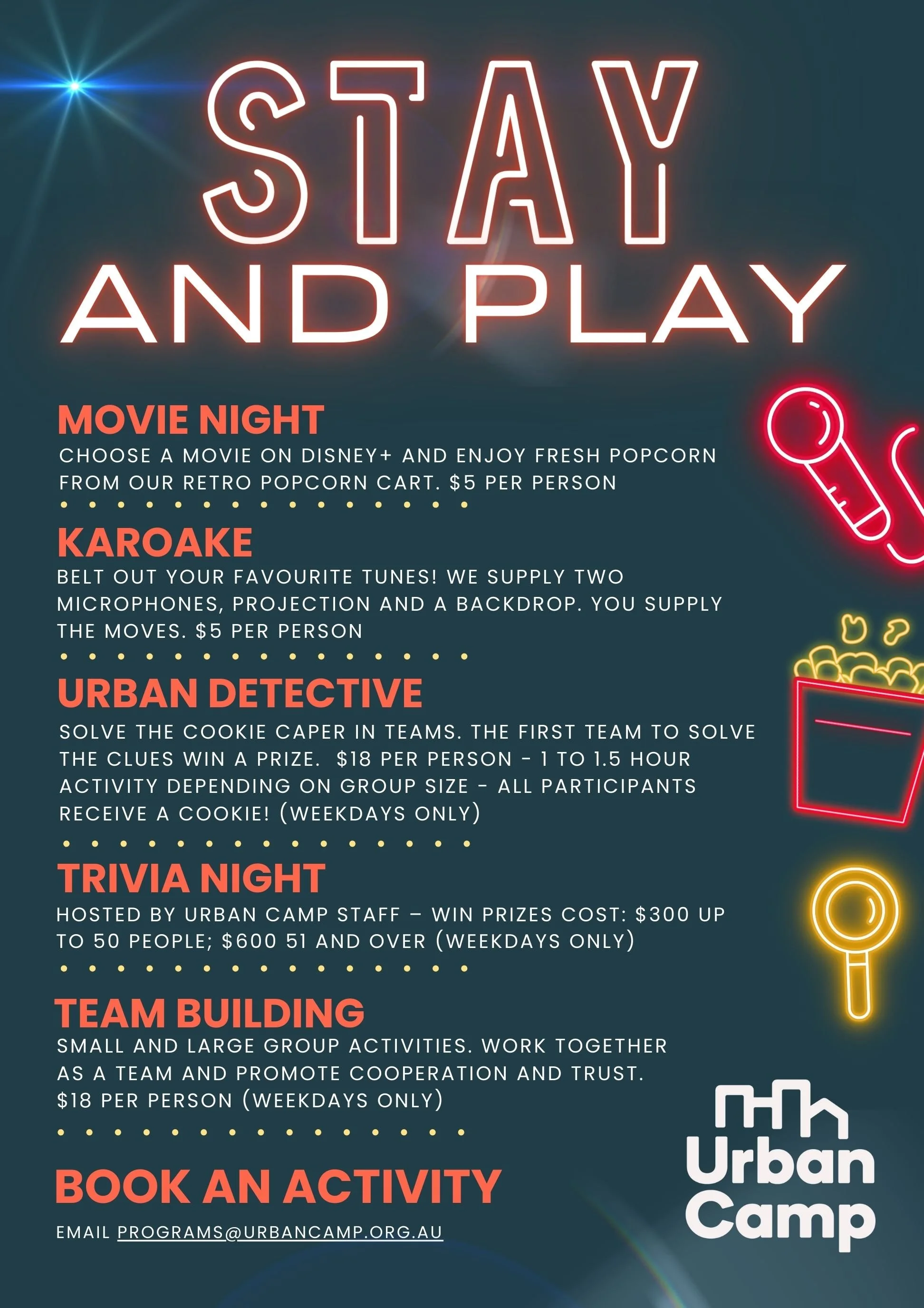 Stay and play! Make the most of Urban Camp’s versatile space. — Urban Camp