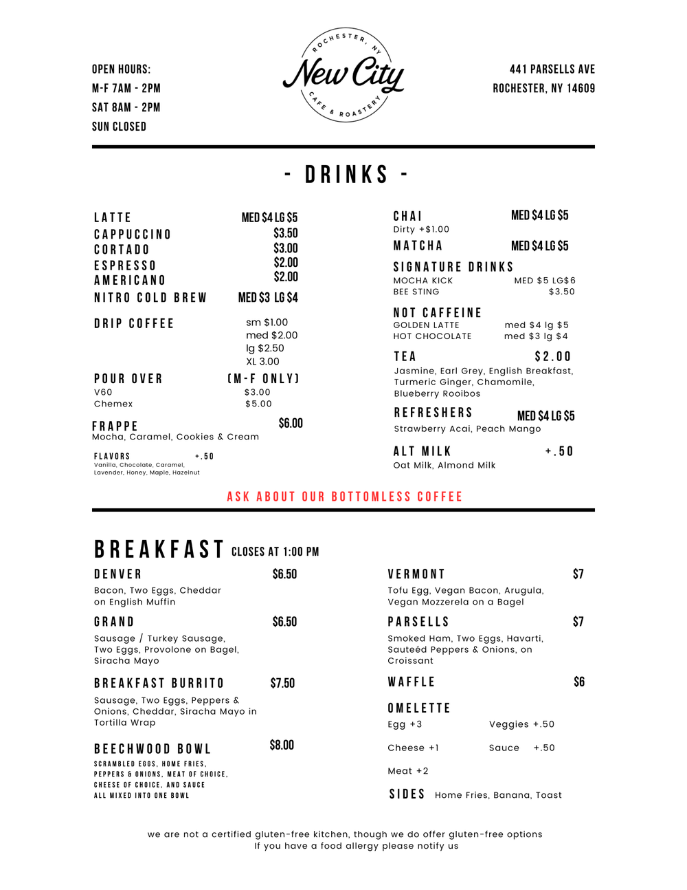 Menu — New City Cafe & Roastery