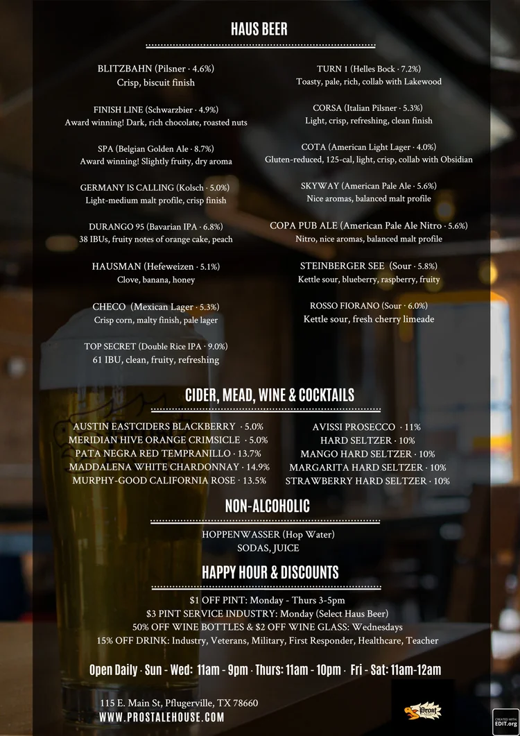 Drink Menu — Prost Alehouse | Pfluggerville, Texas
