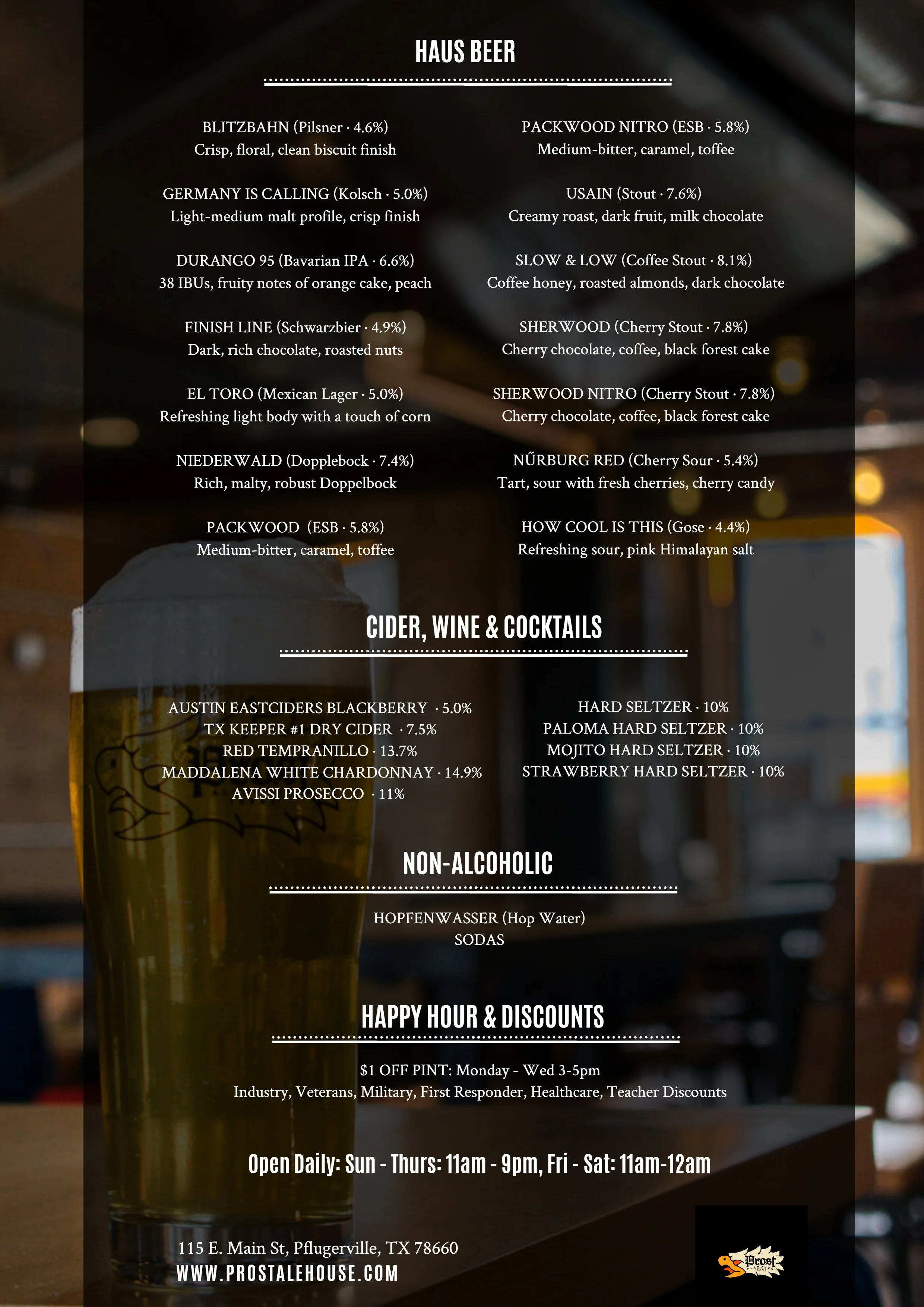 Drink Menu — Prost Alehouse | Pfluggerville, Texas
