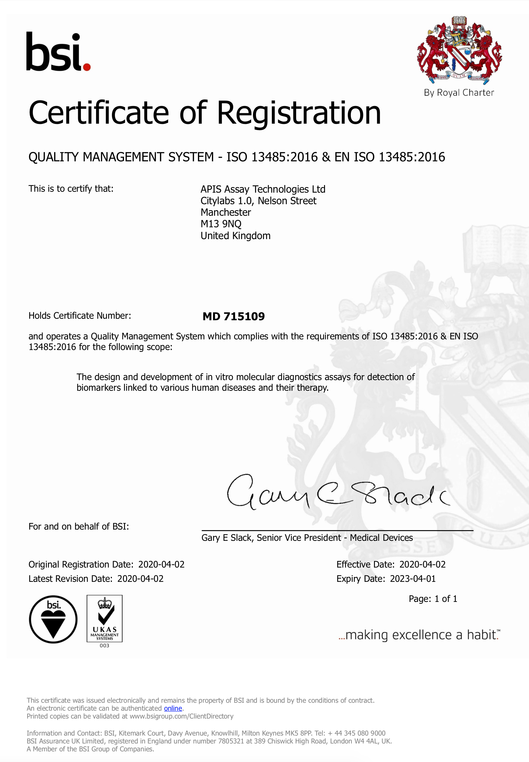 ISO 13485 2016 Certification APIS Assay Technologies Ltd ISO 13485 2016 Certification APIS Assay Technologies Ltd