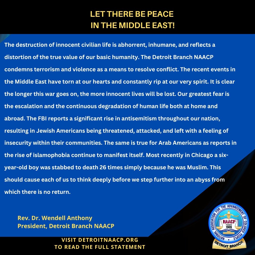 PRESS STATEMENT - LET THERE BE PEACE IN THE MIDDLE EAST! — NAACP ...
