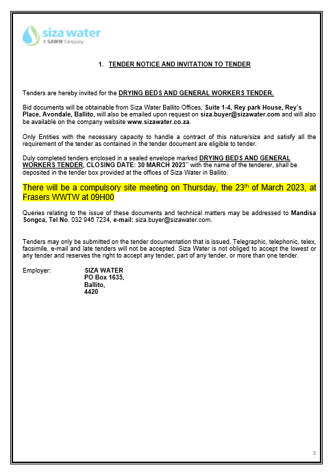 Invitations For Tender — Siza Water
