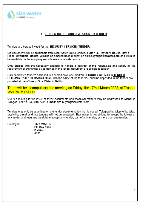 Invitations For Tender — Siza Water