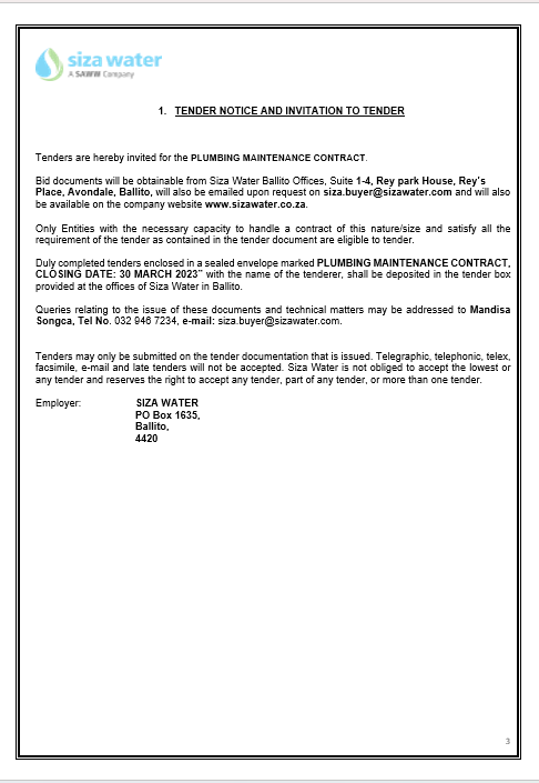 Invitations For Tender — Siza Water