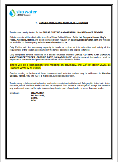 Invitations For Tender — Siza Water