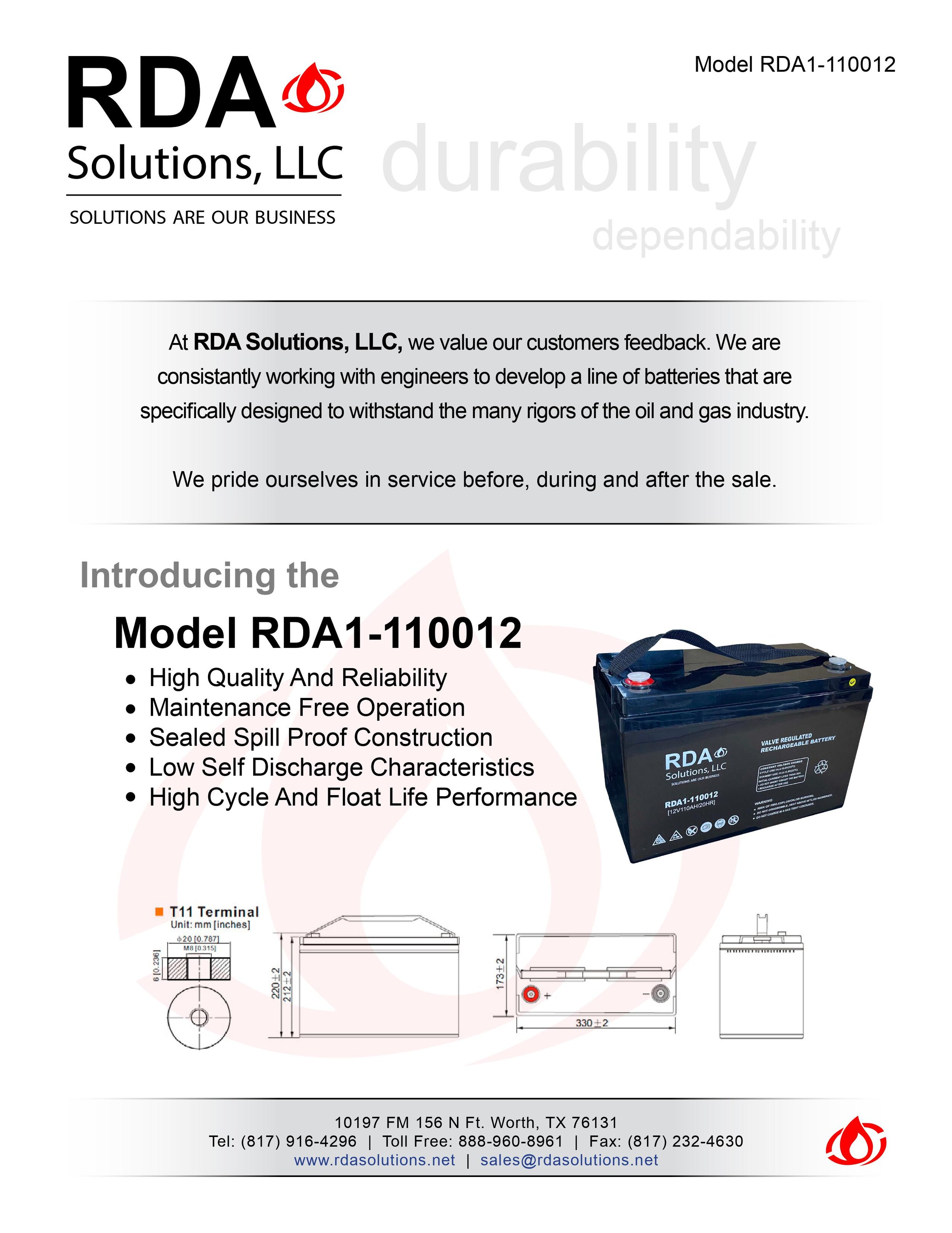 RDA Solutions 12V 110Ah AGM Battery — RDA Solutions, LLC